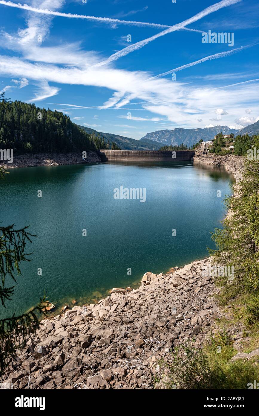 Lago di Paneveggio or Lago di forte Buso, artificial lake with concrete ...