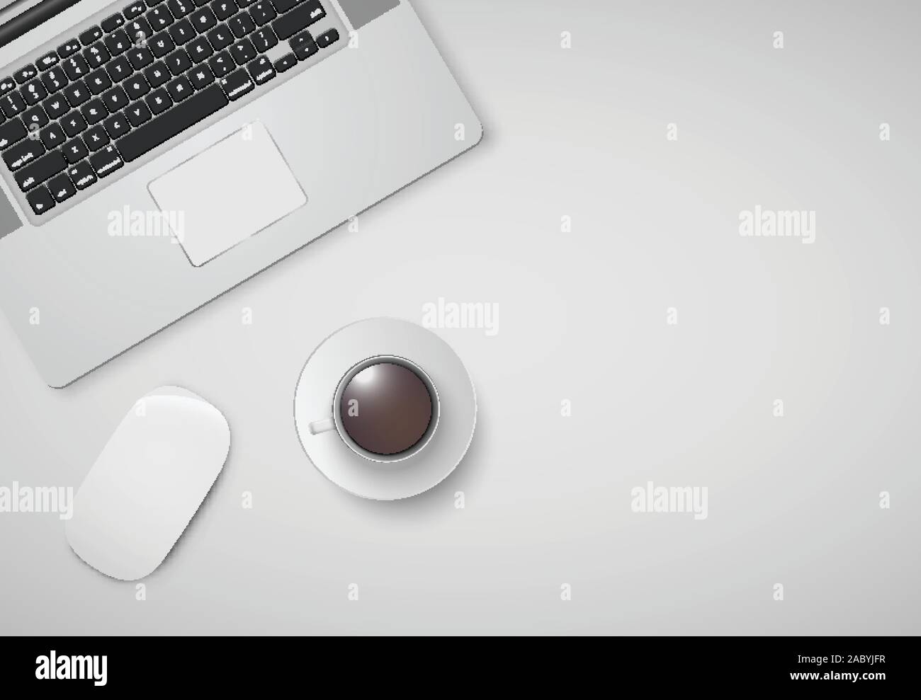 Minimal office with computer, mouse and a cup of coffee, vector ...