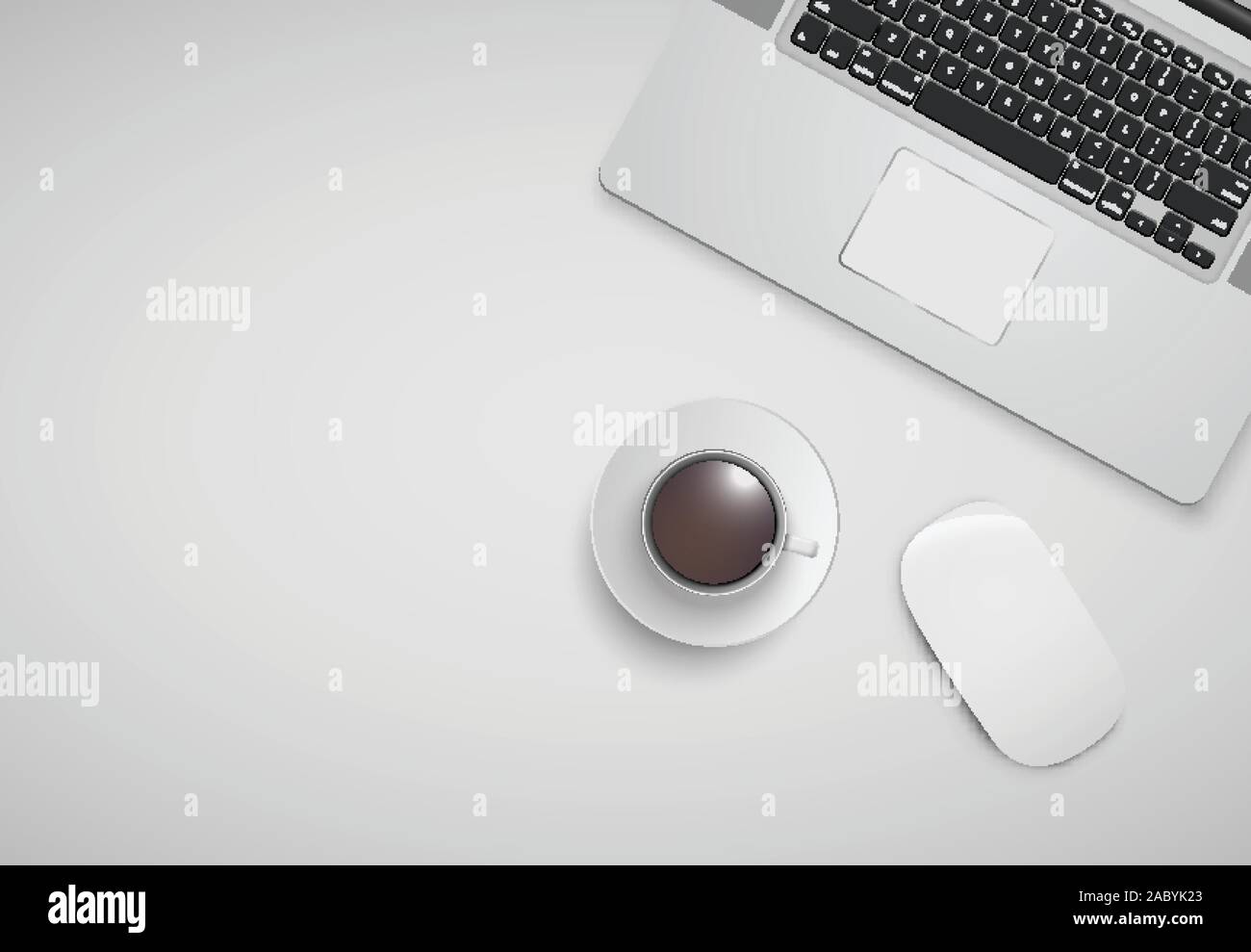 Minimal office with computer, mouse and a cup of coffee, vector ...