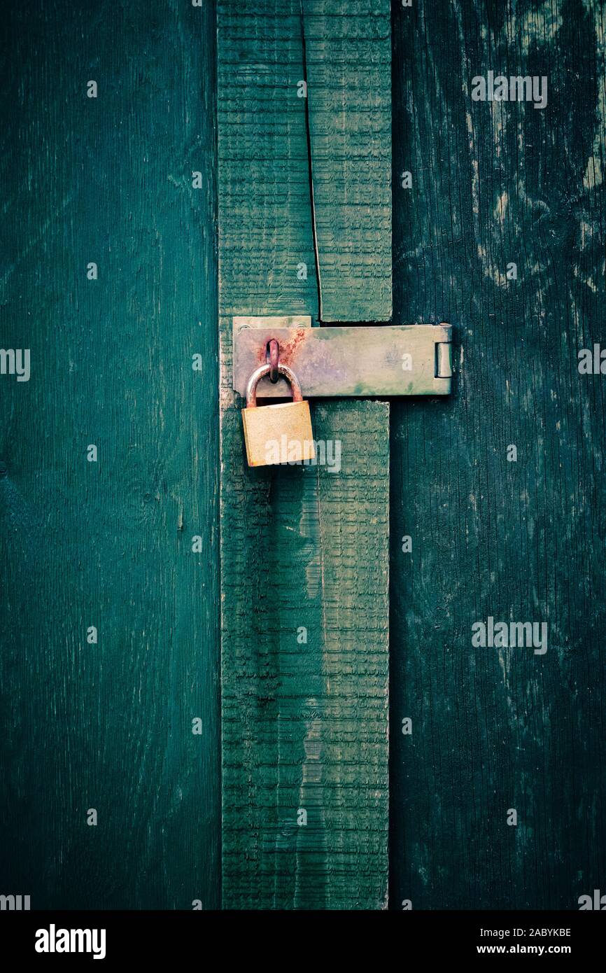 Brass padlock and steel hasp on a green wooden door or gate Stock Photo ...