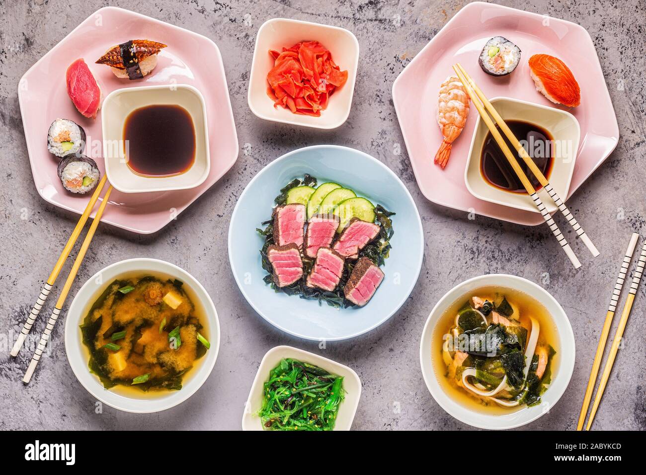 Table with traditional japanese food, top view Stock Photo - Alamy
