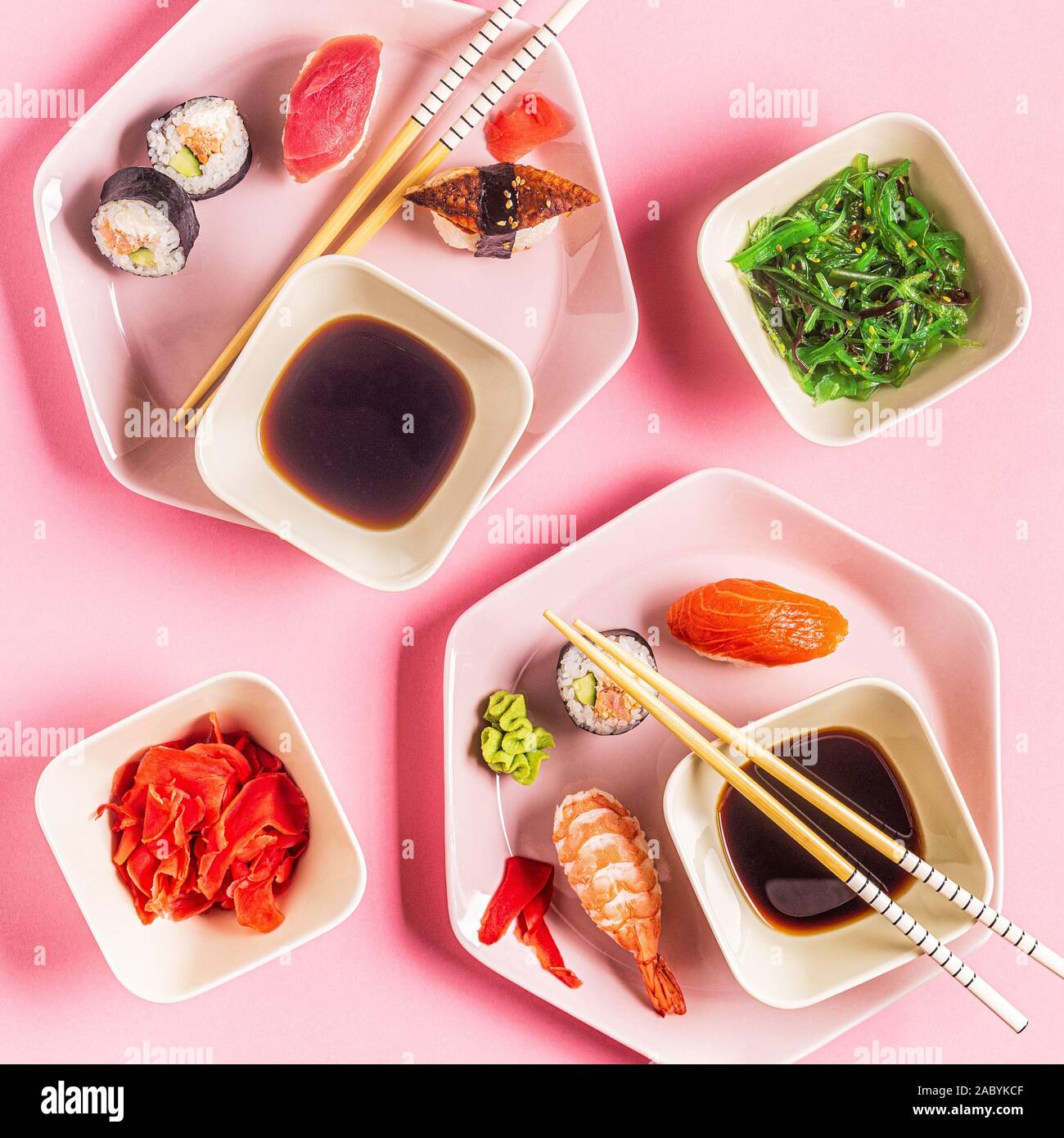 Table with traditional japanese food, top view Stock Photo - Alamy