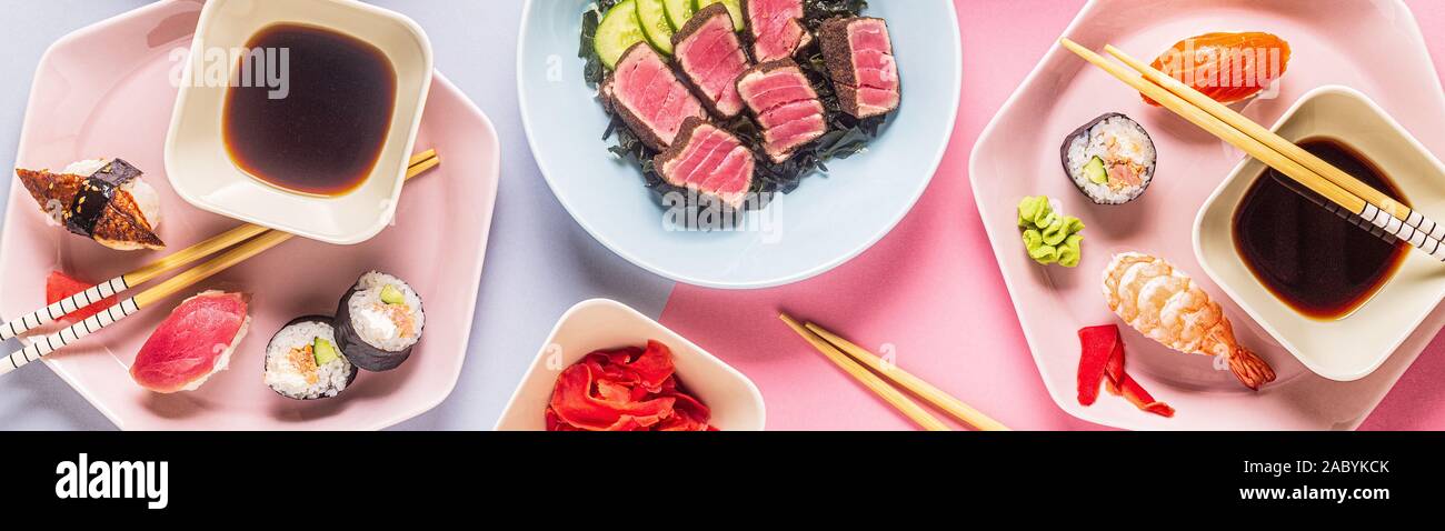 Table with traditional japanese food, top view Stock Photo - Alamy