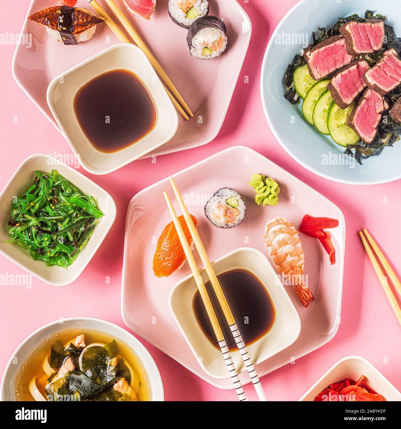 Table with traditional japanese food, top view Stock Photo - Alamy