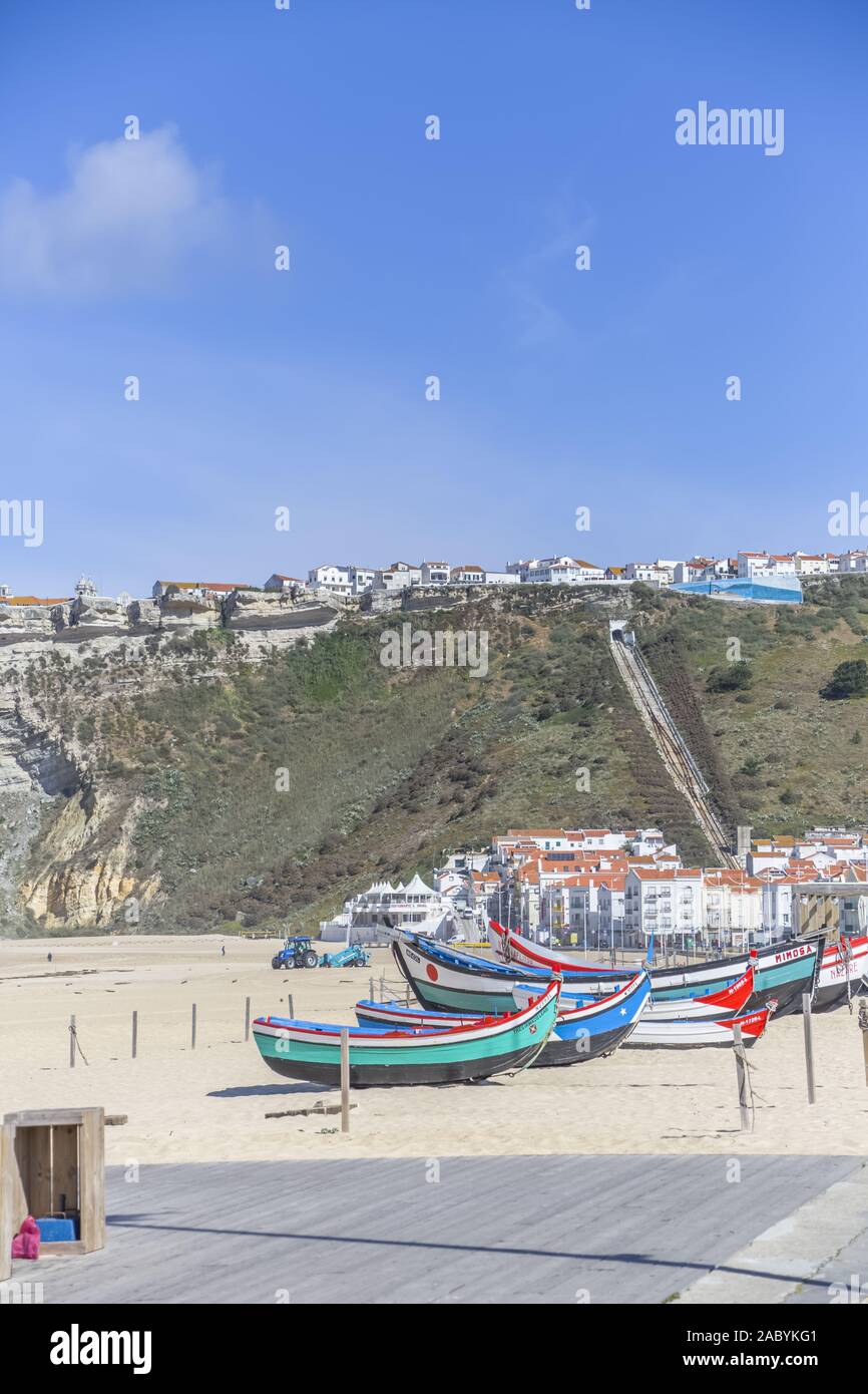 Nazare / Portugal - 04 05 2019 : Typical view at the Nazare beach with ...