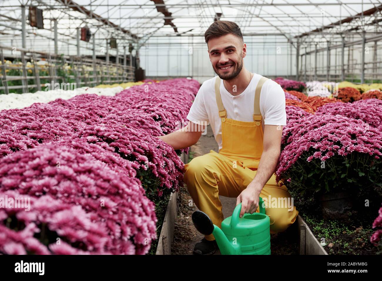 Loving the nature. Photo of beautiful young guy in the greenhouse ...