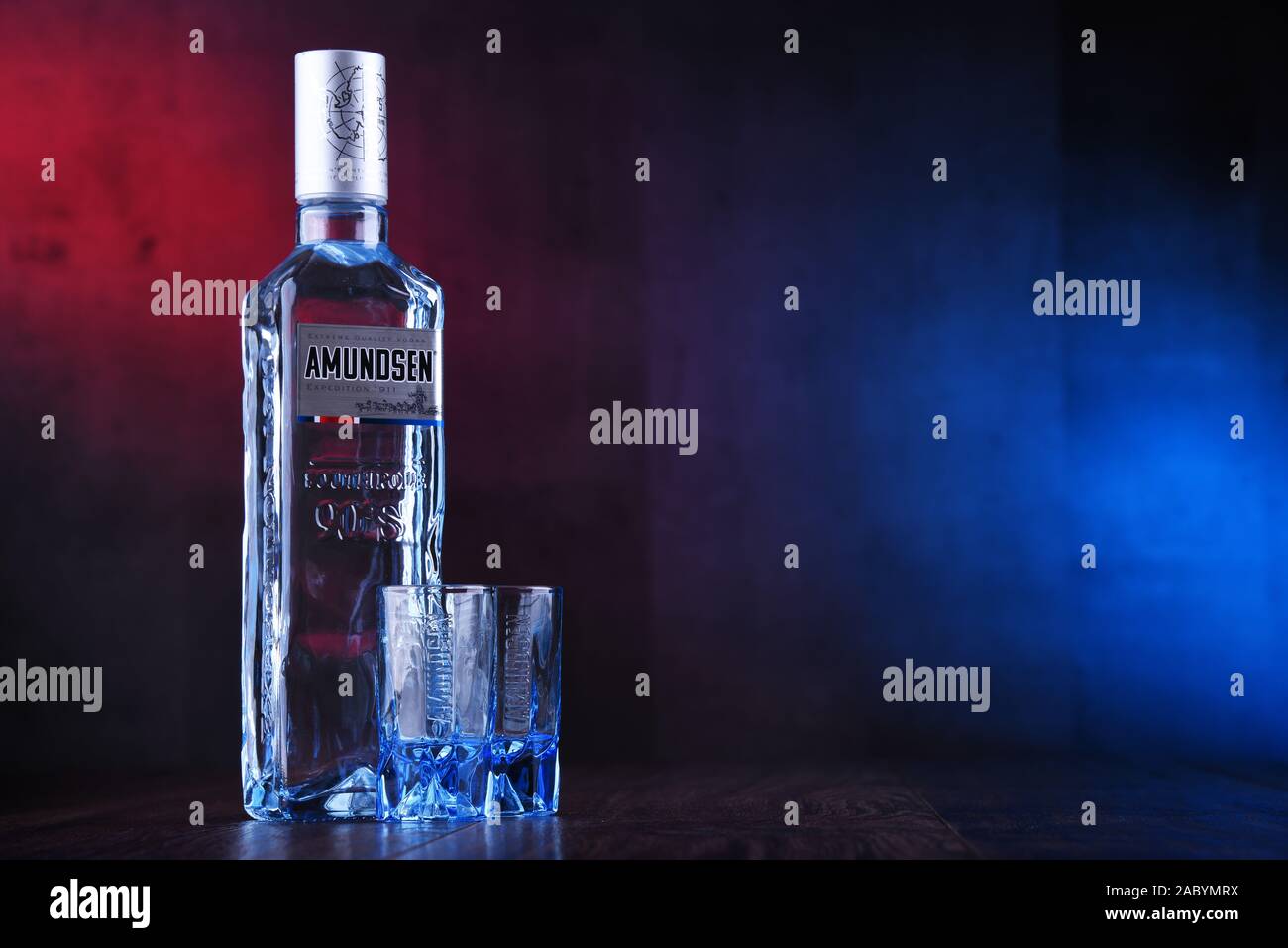 POZNAN, POL - JAN 24, 2019: Bottle of Amundsen Vodka, a brand of vodka ...