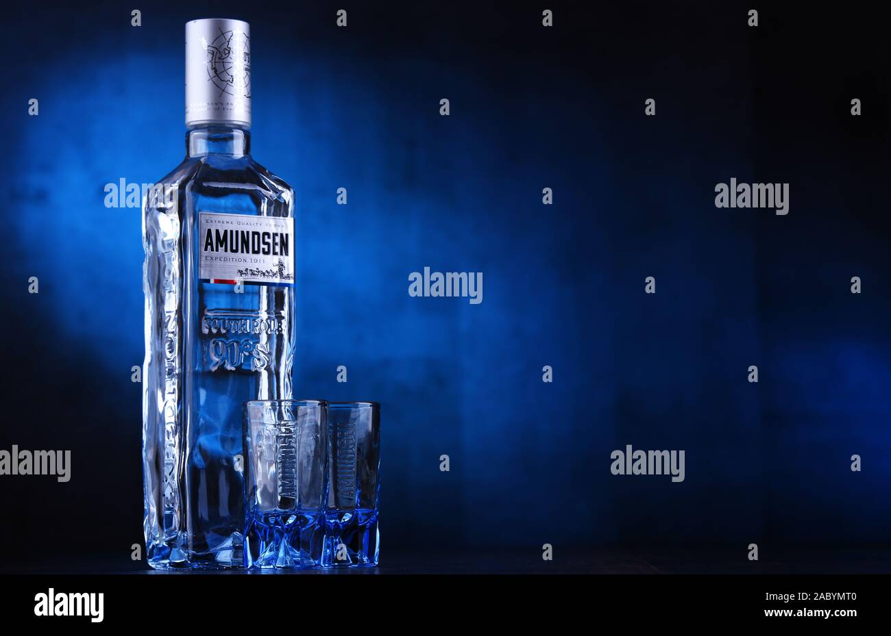 POZNAN, POL - JAN 24, 2019: Bottle of Amundsen Vodka, a brand of vodka ...
