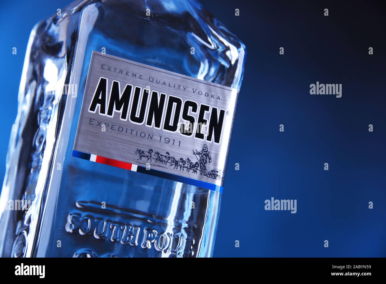 POZNAN, POL - JAN 24, 2019: Bottle of Amundsen Vodka, a brand of vodka ...