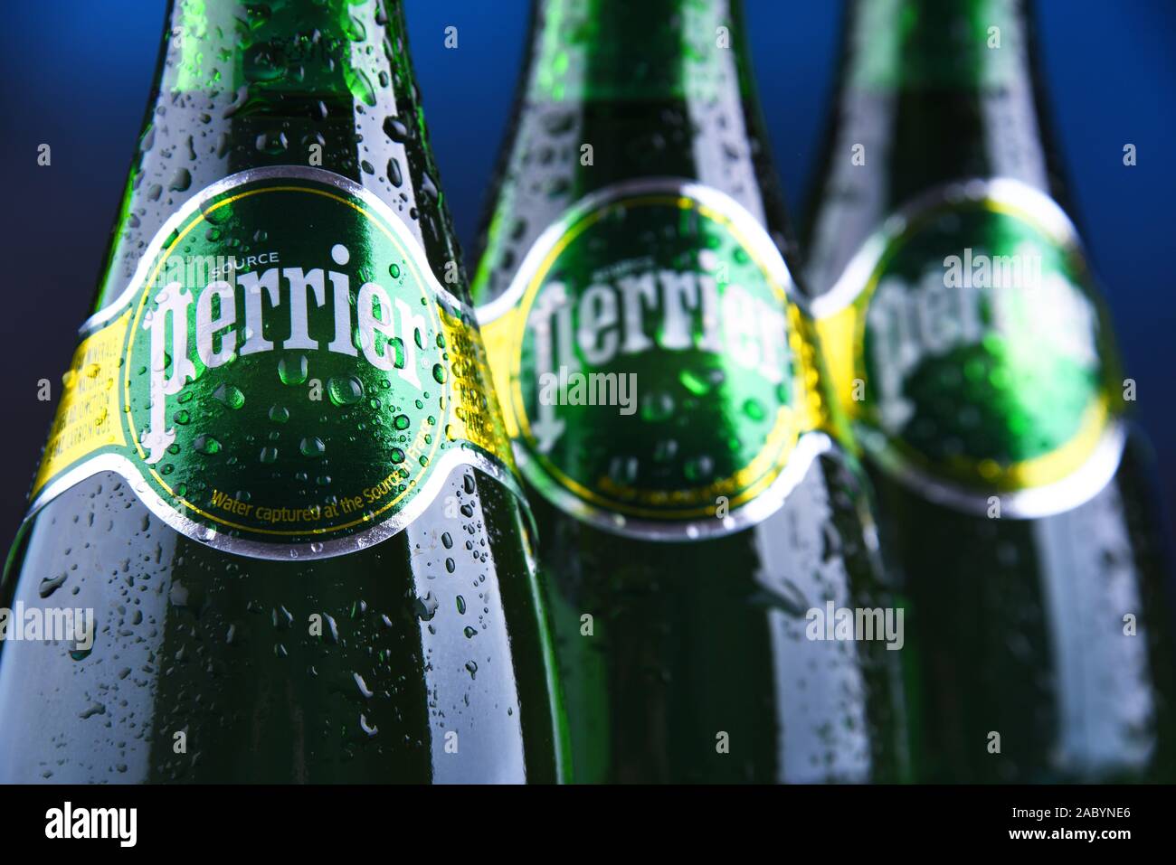 POZNAN, POL - JAN 24, 2019: Bottles of Perrier, a French brand of ...