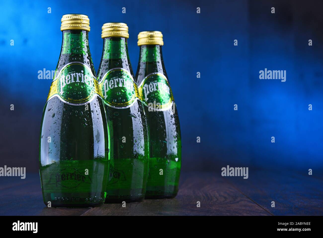 POZNAN, POL - JAN 24, 2019: Bottles of Perrier, a French brand of ...