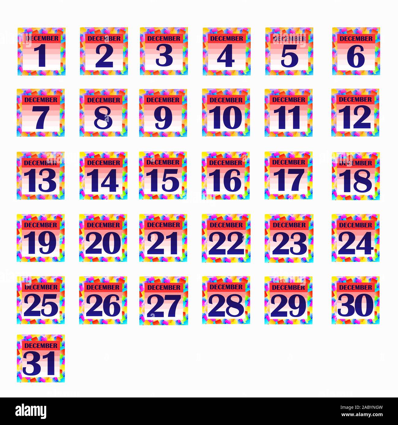 Set of buttons with calendar dates for the month of December. For ...