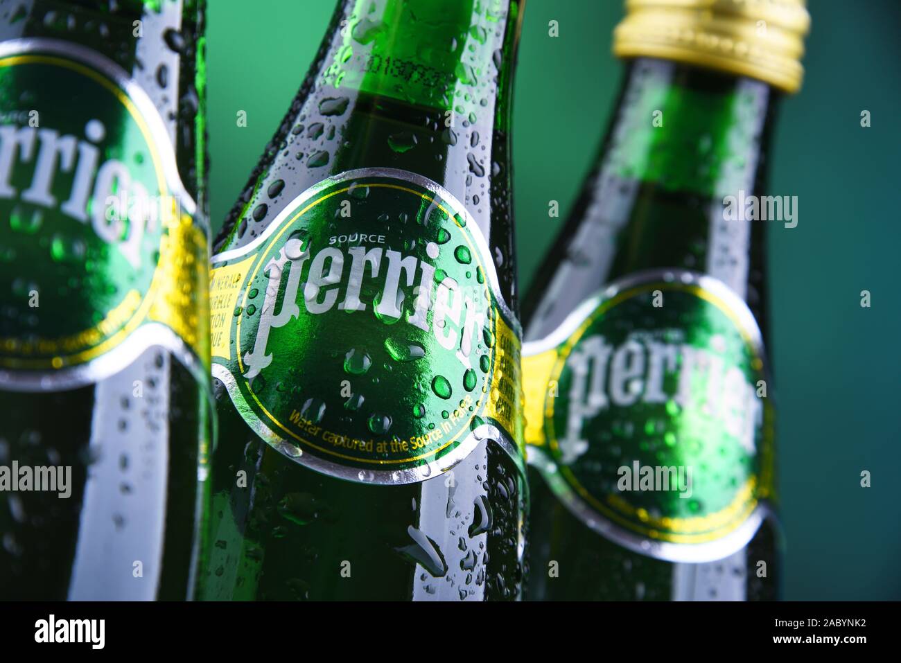POZNAN, POL - JAN 24, 2019: Bottles of Perrier, a French brand of ...