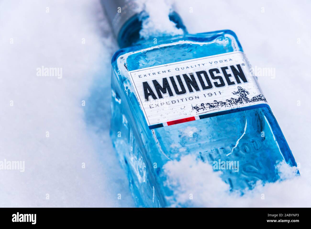 POZNAN, POL - JAN 26, 2019: Bottle of Amundsen Vodka, a brand of vodka ...