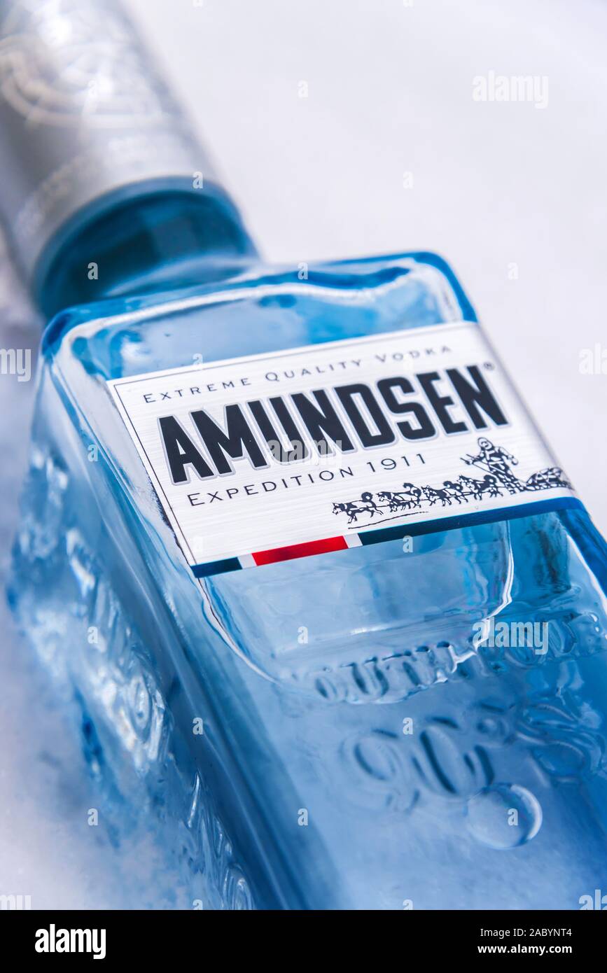 POZNAN, POL - JAN 26, 2019: Bottle of Amundsen Vodka, a brand of vodka ...