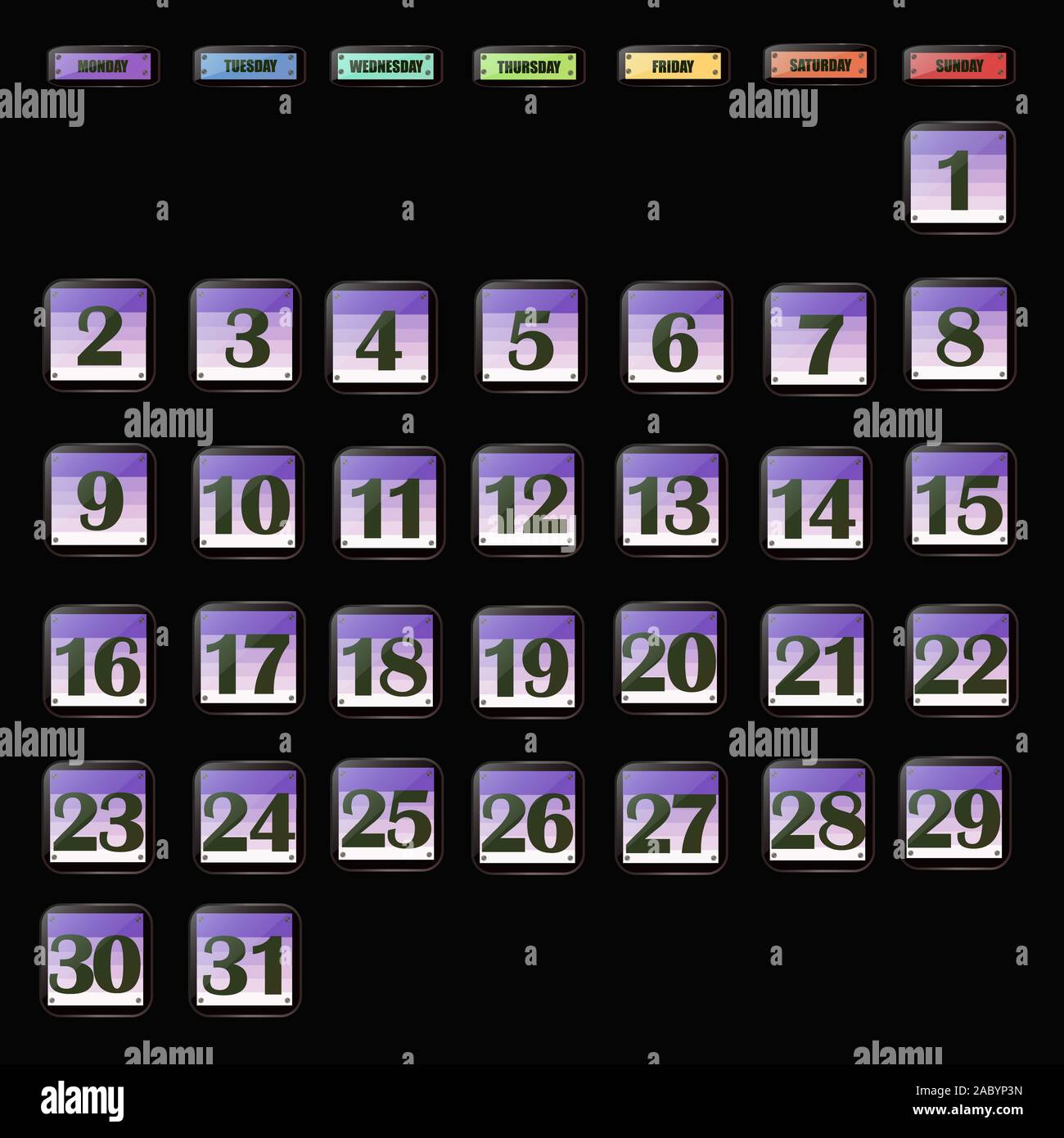 Set of buttons with calendar dates for the month of December. For ...