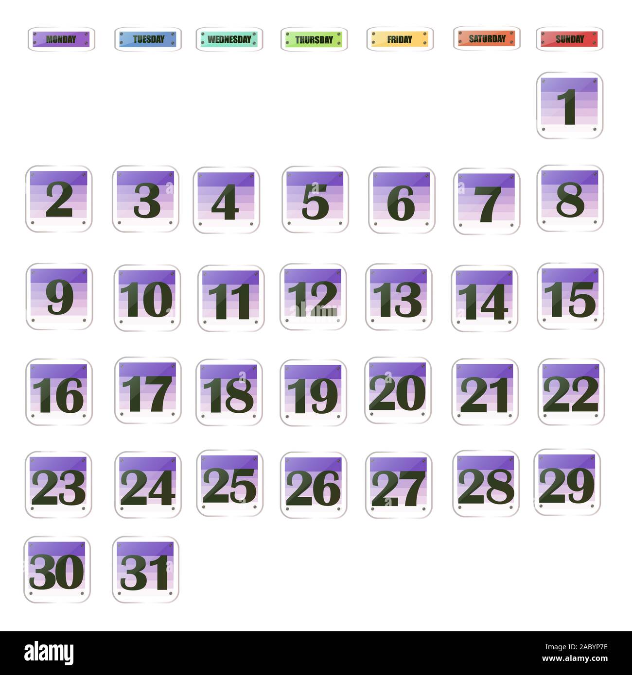 Set of buttons with calendar dates for the month of December. For ...