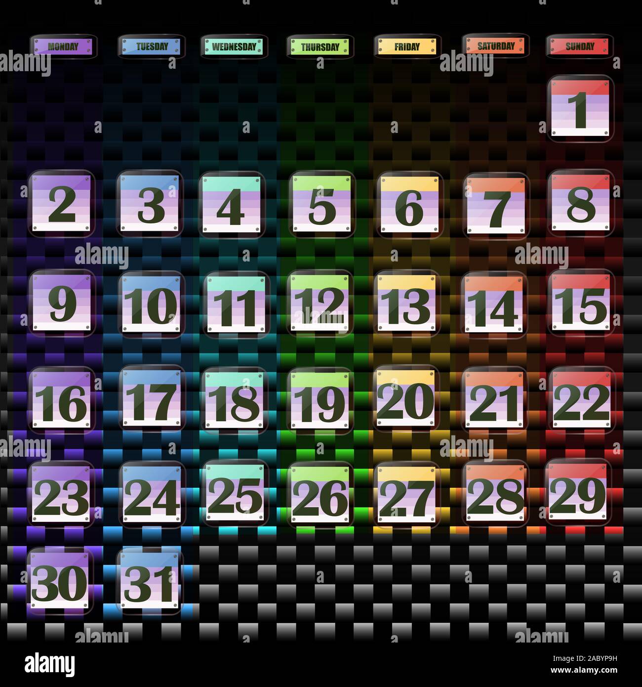 Set of buttons with calendar dates for the month of December. For ...