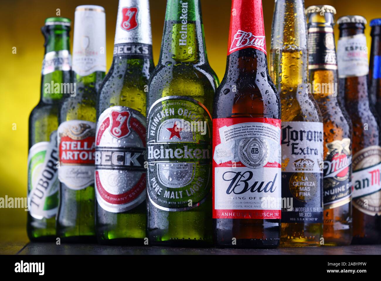 POZNAN, POL - MAR 15, 2019: Bottles of famous global beer brands ...