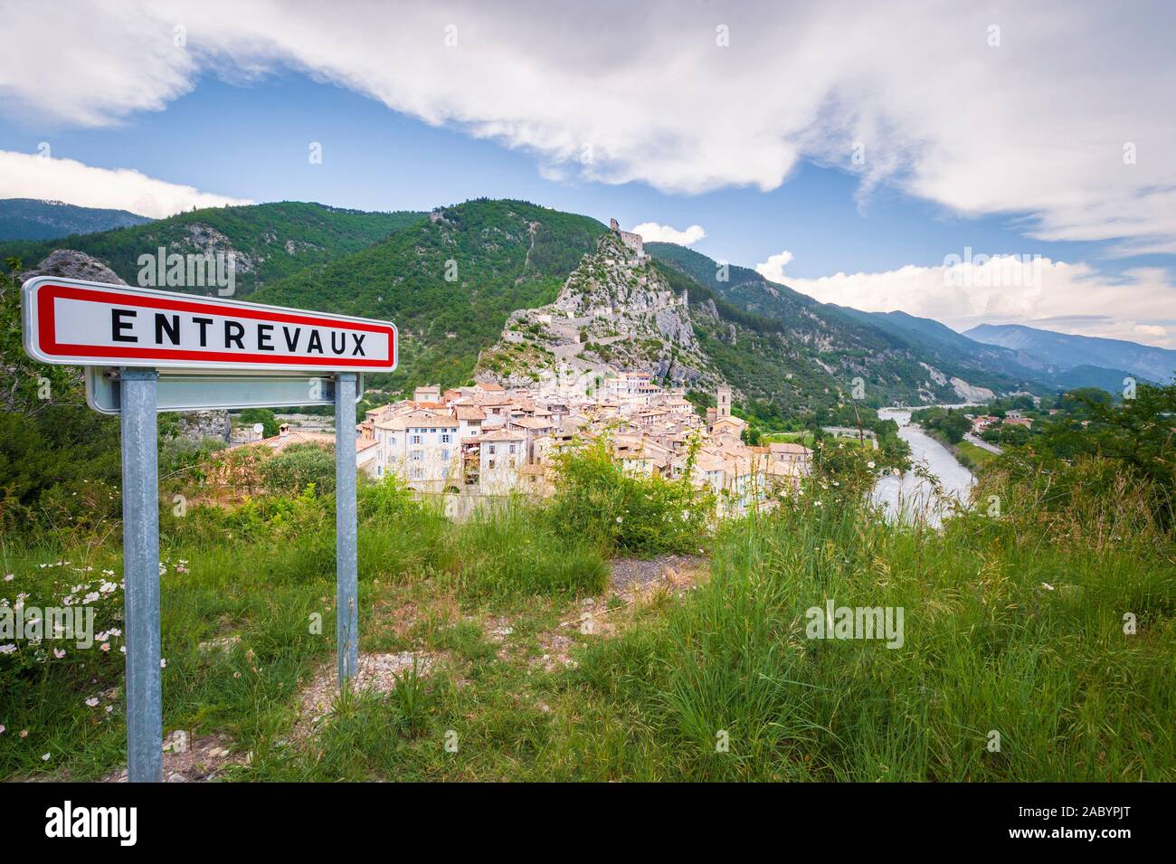 In the Alpes-de-Haute-Provence the medieval walled town of Entrevaux ...