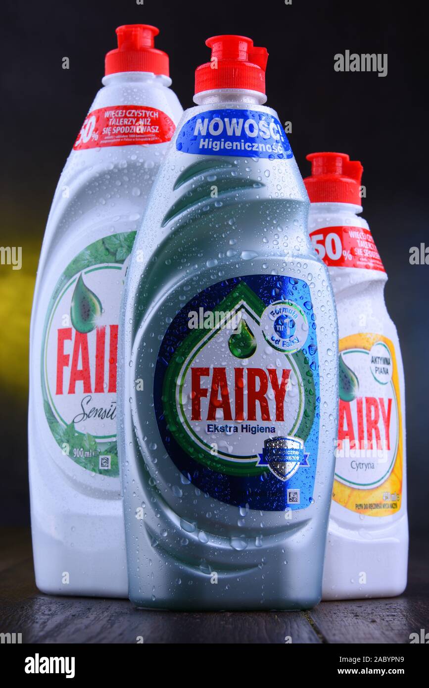 POZNAN, POL - MAR 15, 2019: Plastic bottles of Fairy dish detergents ...