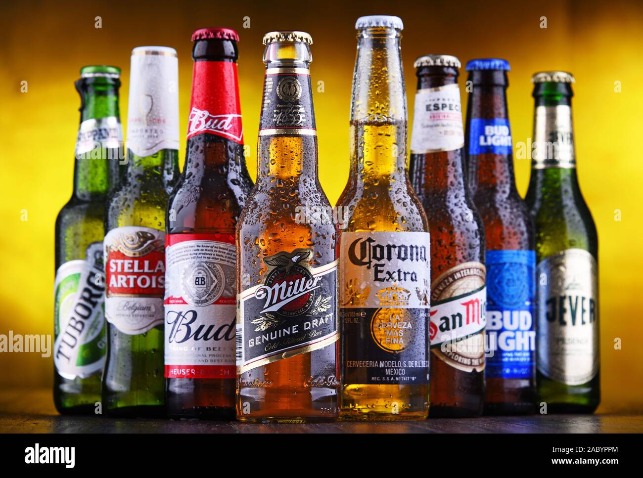 POZNAN, POL - MAR 15, 2019: Bottles of famous global beer brands ...