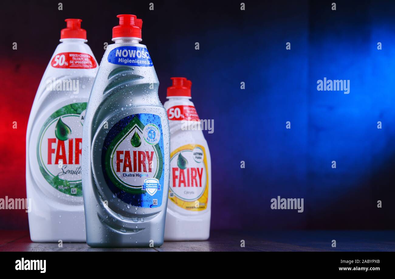 POZNAN, POL - MAR 15, 2019: Plastic bottles of Fairy dish detergents ...