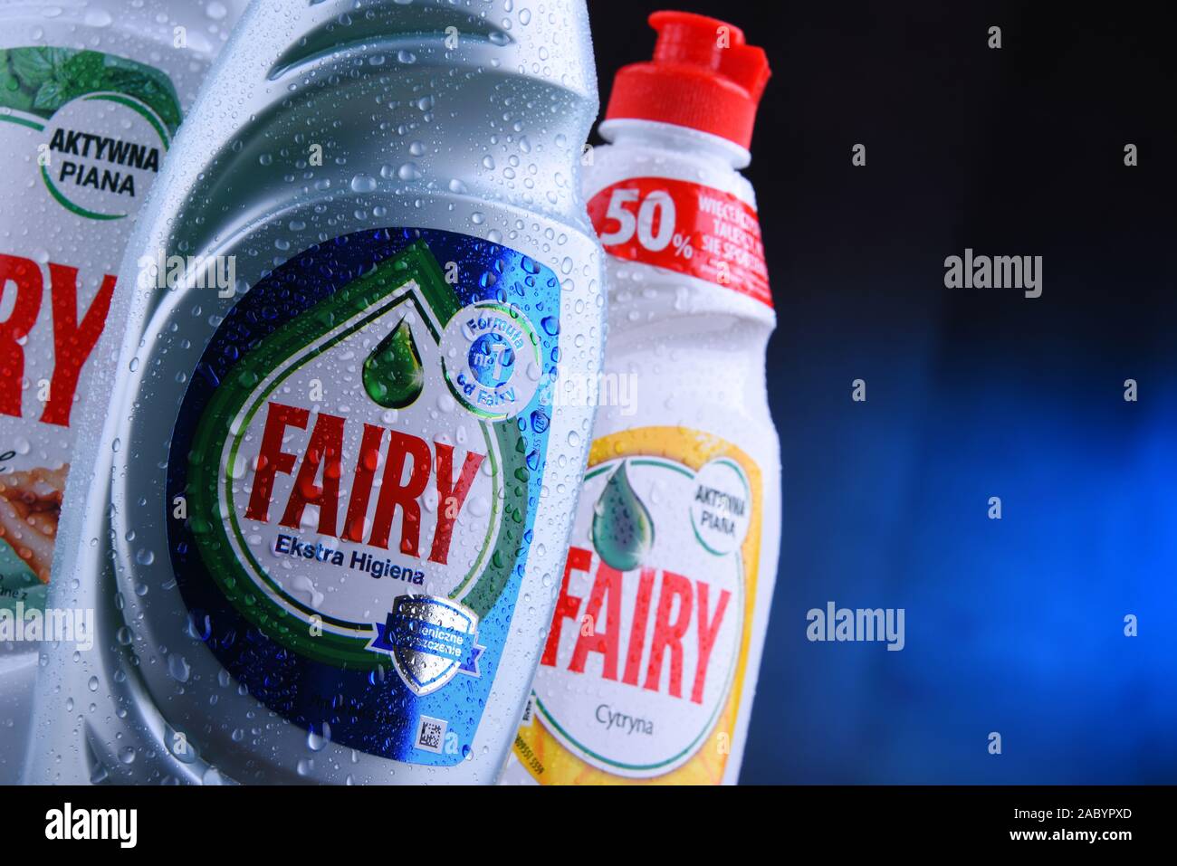 POZNAN, POL - MAR 15, 2019: Plastic bottles of Fairy dish detergents ...