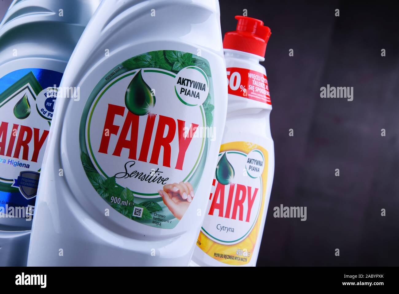 POZNAN, POL - MAR 15, 2019: Plastic bottles of Fairy dish detergents ...