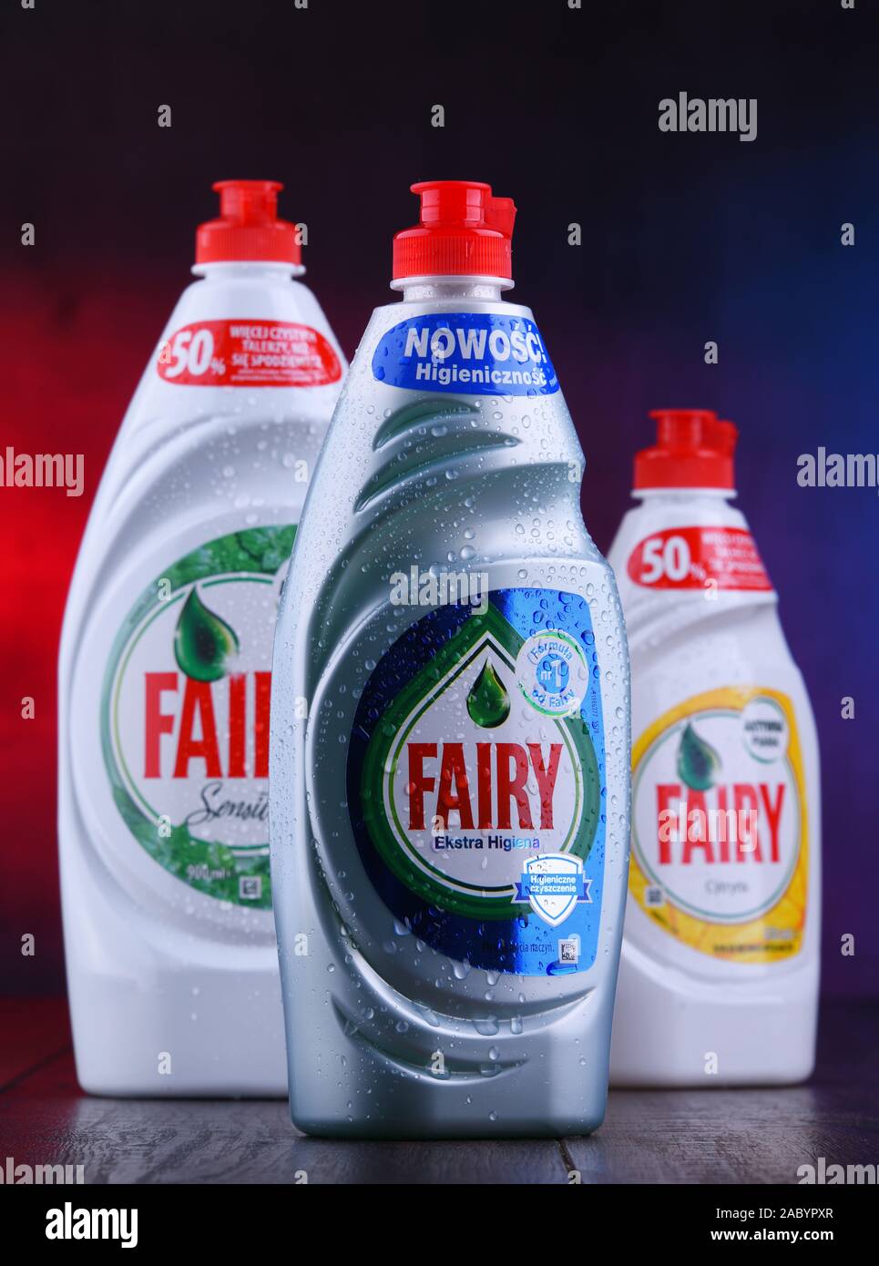 POZNAN, POL - MAR 15, 2019: Plastic bottles of Fairy dish detergents ...