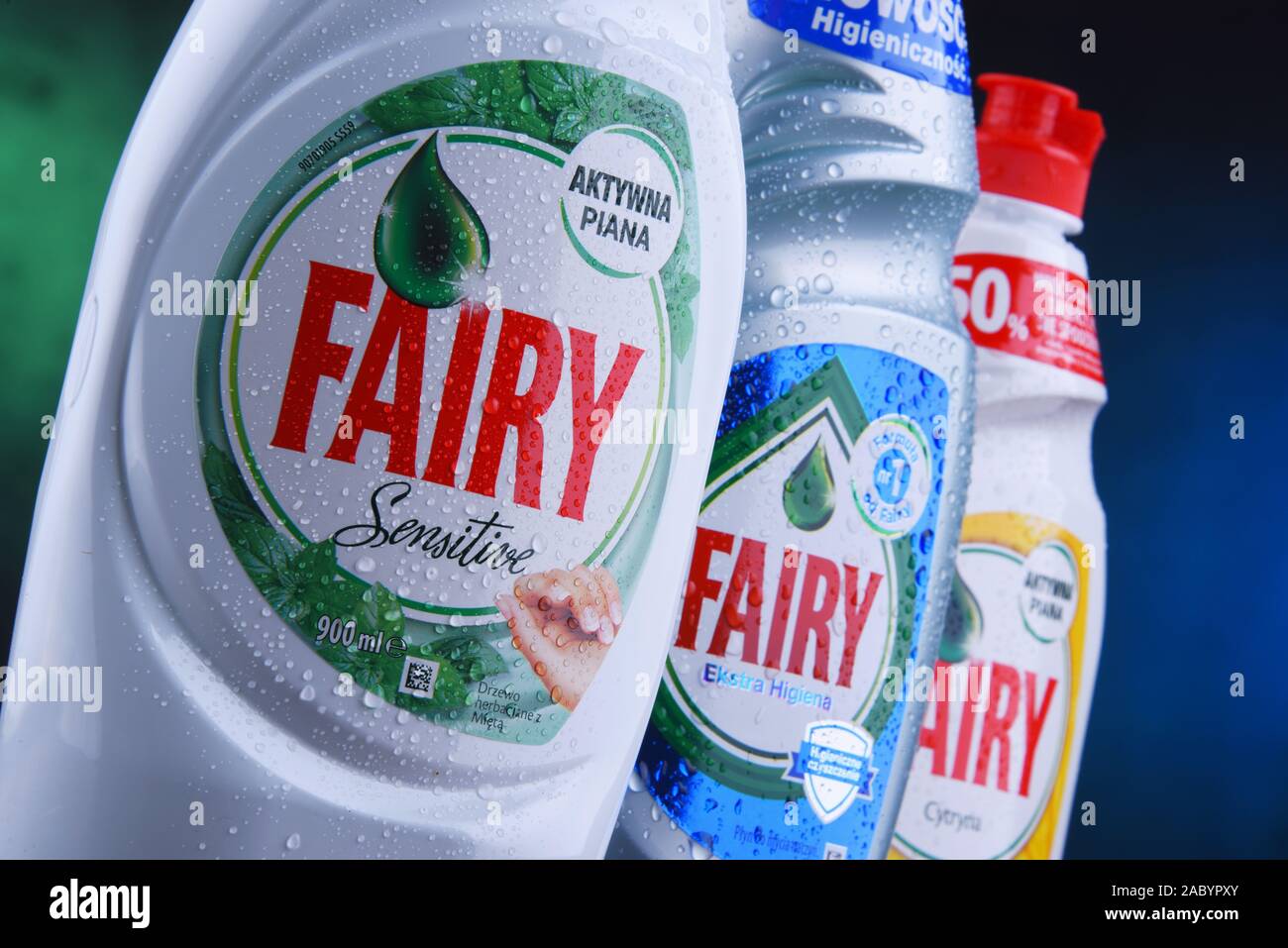 POZNAN, POL - MAR 15, 2019: Plastic bottles of Fairy dish detergents ...