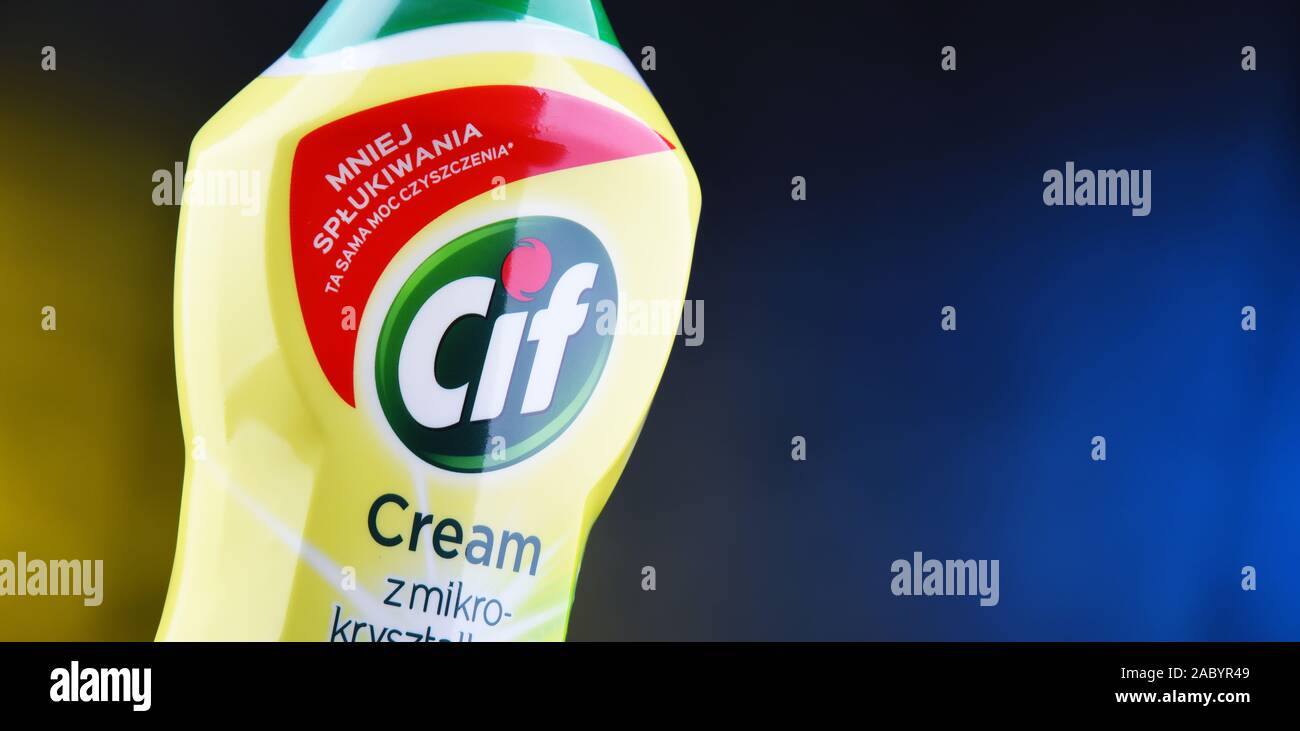 POZNAN, POL - MAR 15, 2019: Plastic bottle of Cif, brand of household ...