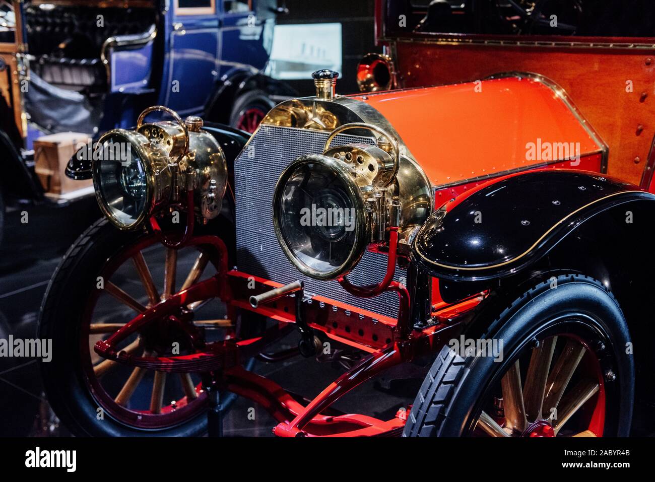 Front view. Beautiful retro automobile standing with other vintage car ...