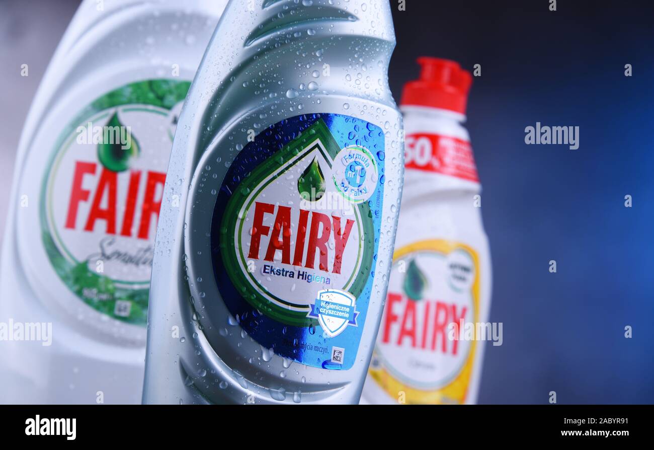POZNAN, POL - MAR 15, 2019: Plastic bottles of Fairy dish detergents ...