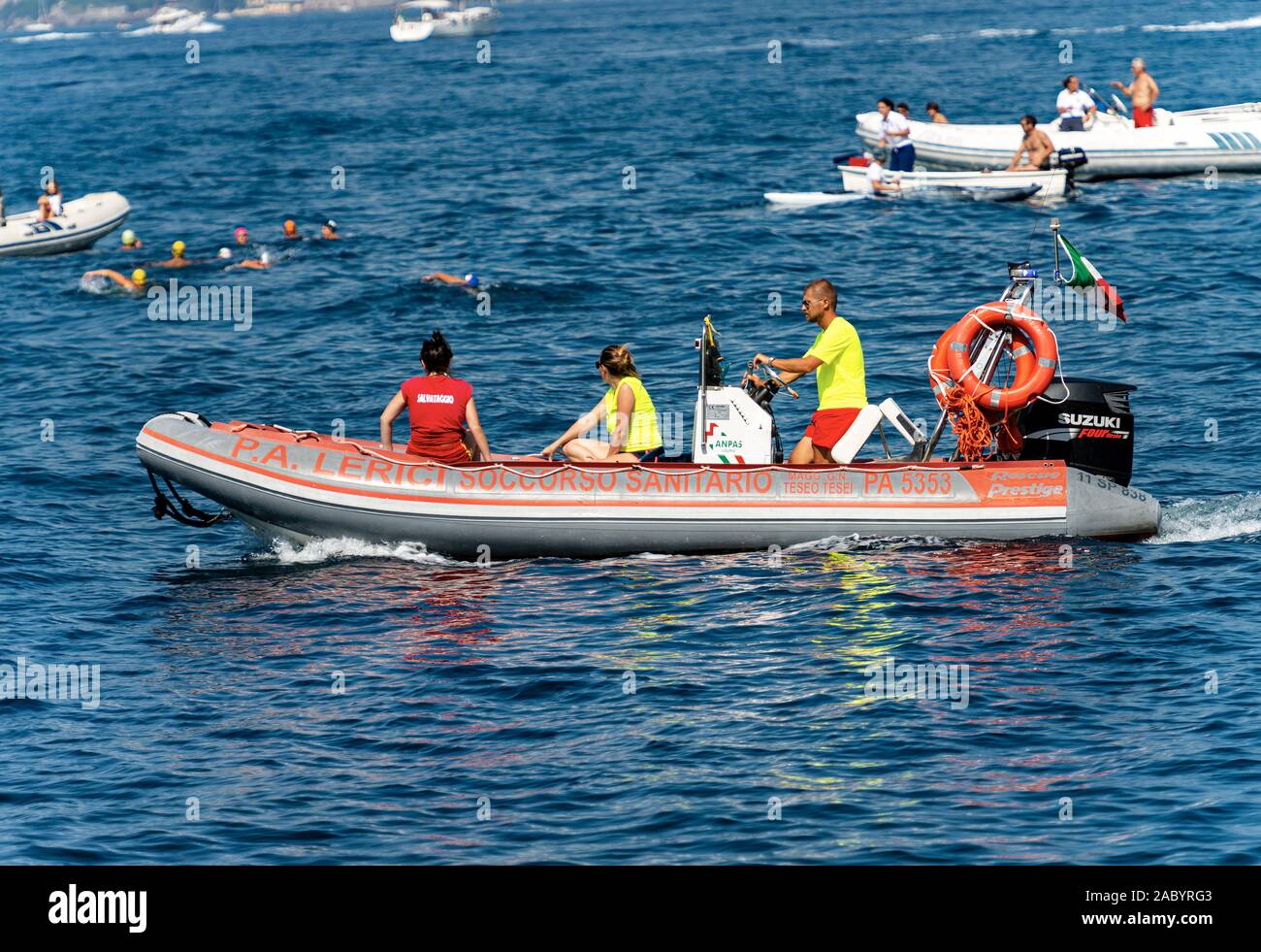 Water ambulance, small motor boat for emergency first aid with three ...