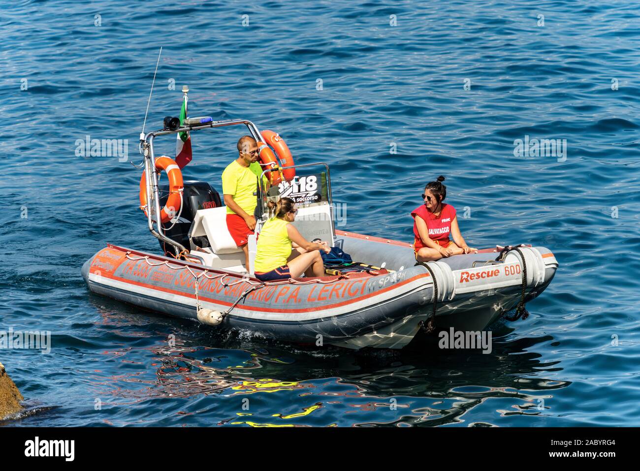 Water ambulance, small motor boat for emergency first aid with three ...