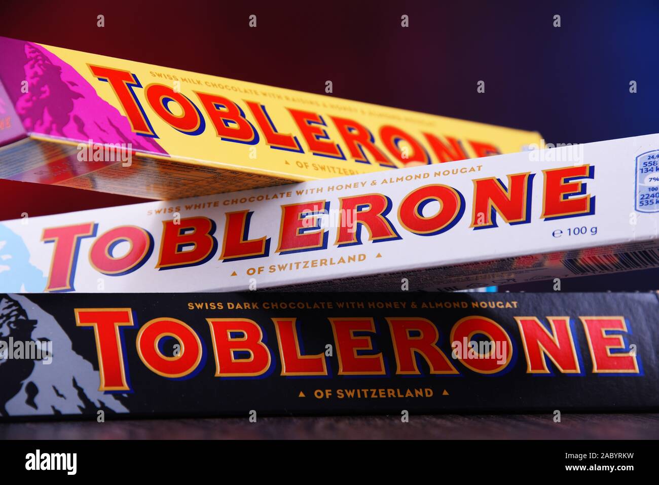 POZNAN, POL - MAR 22, 2019: Three bars of Toblerone, a Swiss chocolate ...