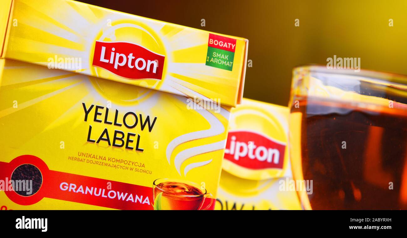 POZNAN, POL - MAR 28, 2019: Package of Lipton Yellow Label, a famous ...
