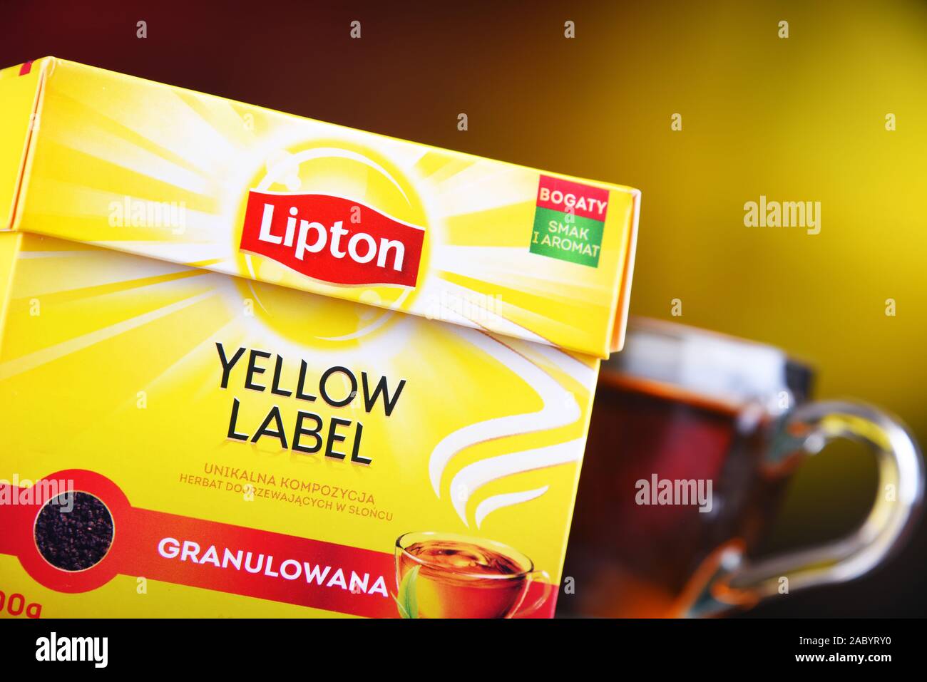 POZNAN, POL - MAR 28, 2019: Package of Lipton Yellow Label, a famous ...