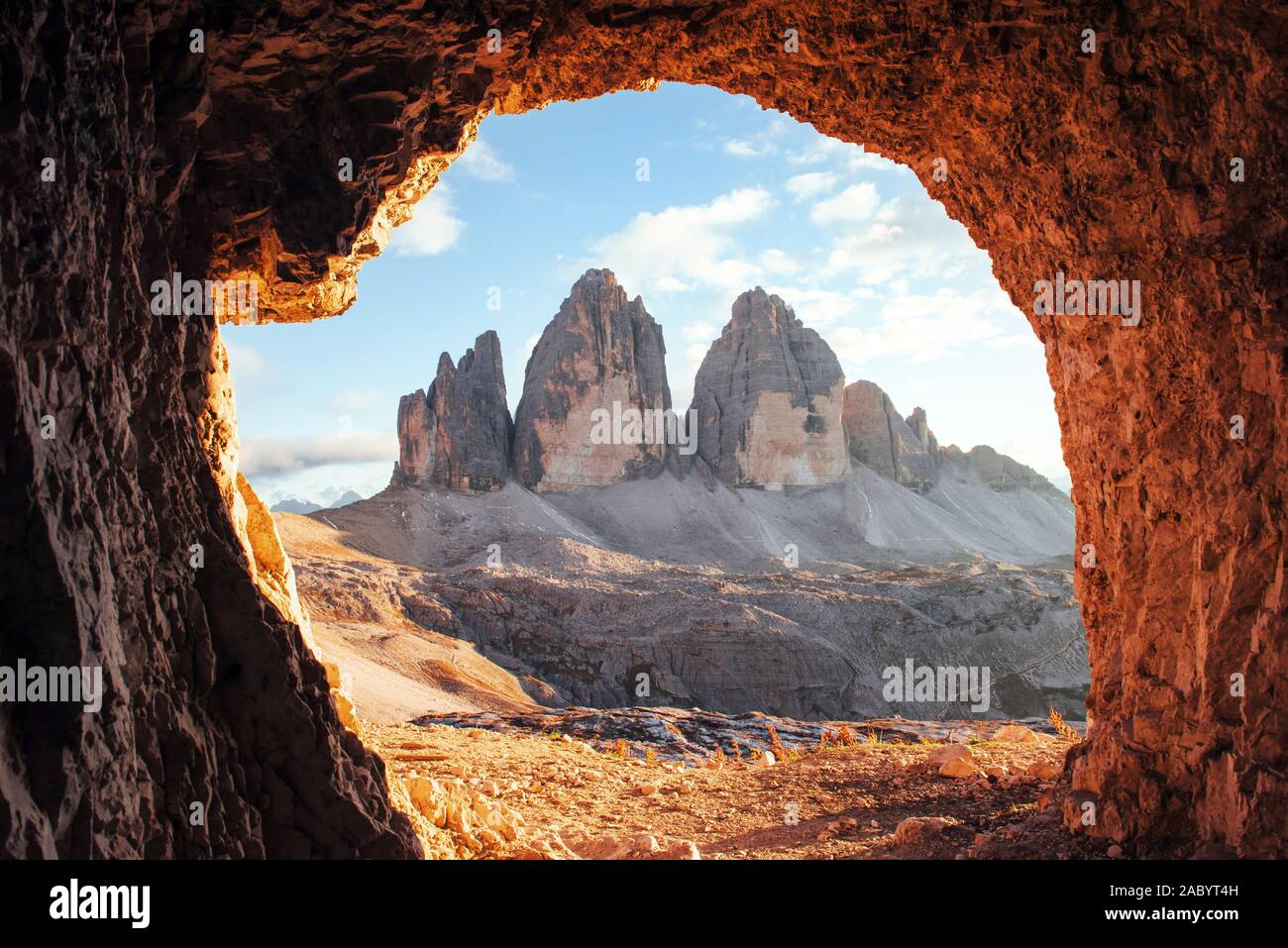 Tre Cime mountains of three peaks. Gorgeous photo in the sunny day ...