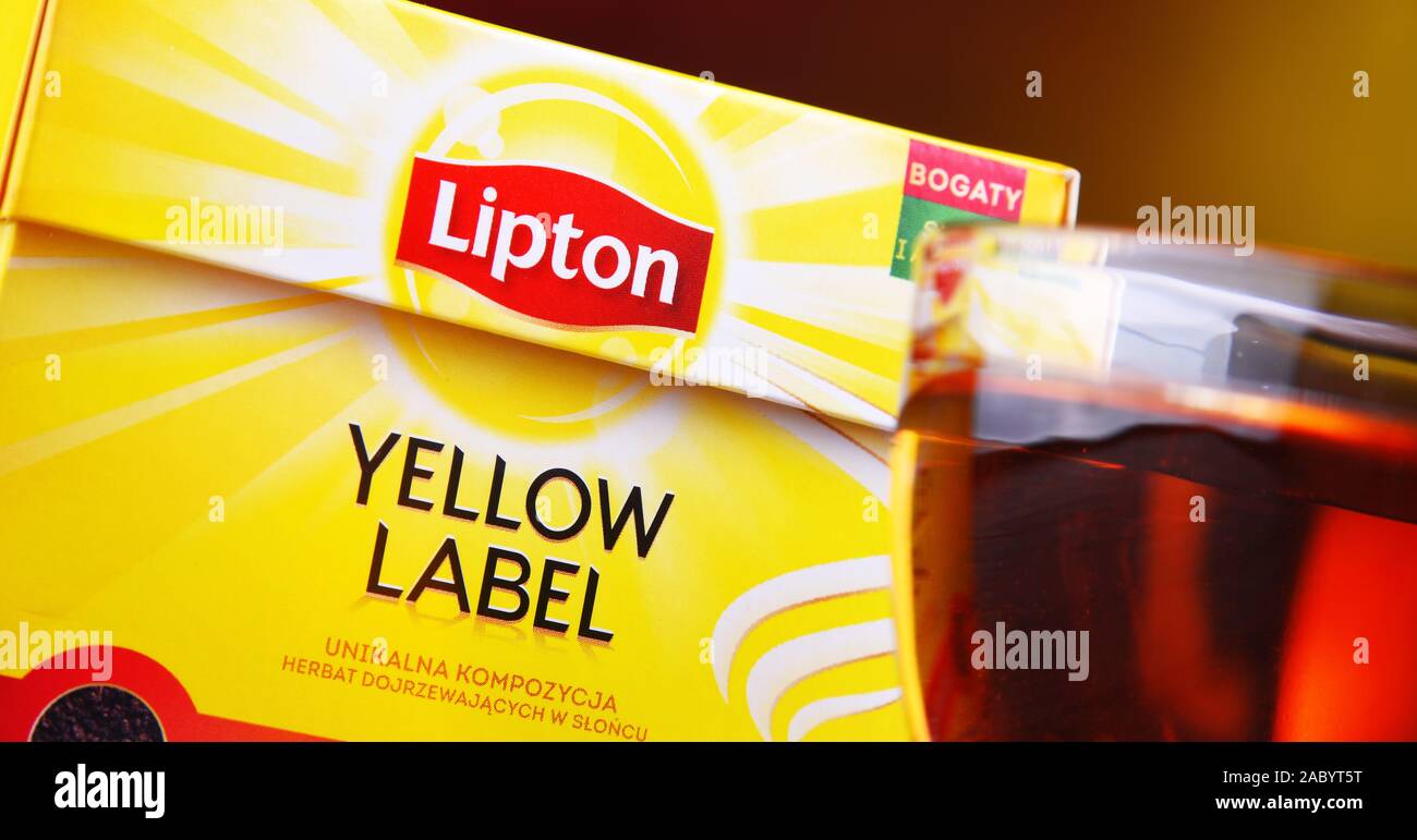 POZNAN, POL - MAR 28, 2019: Package of Lipton Yellow Label, a famous ...