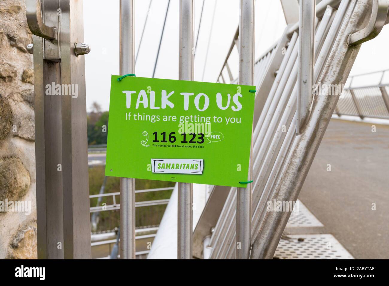 Talk to us samaritans poster on bridge footpath across M20, Ashford ...