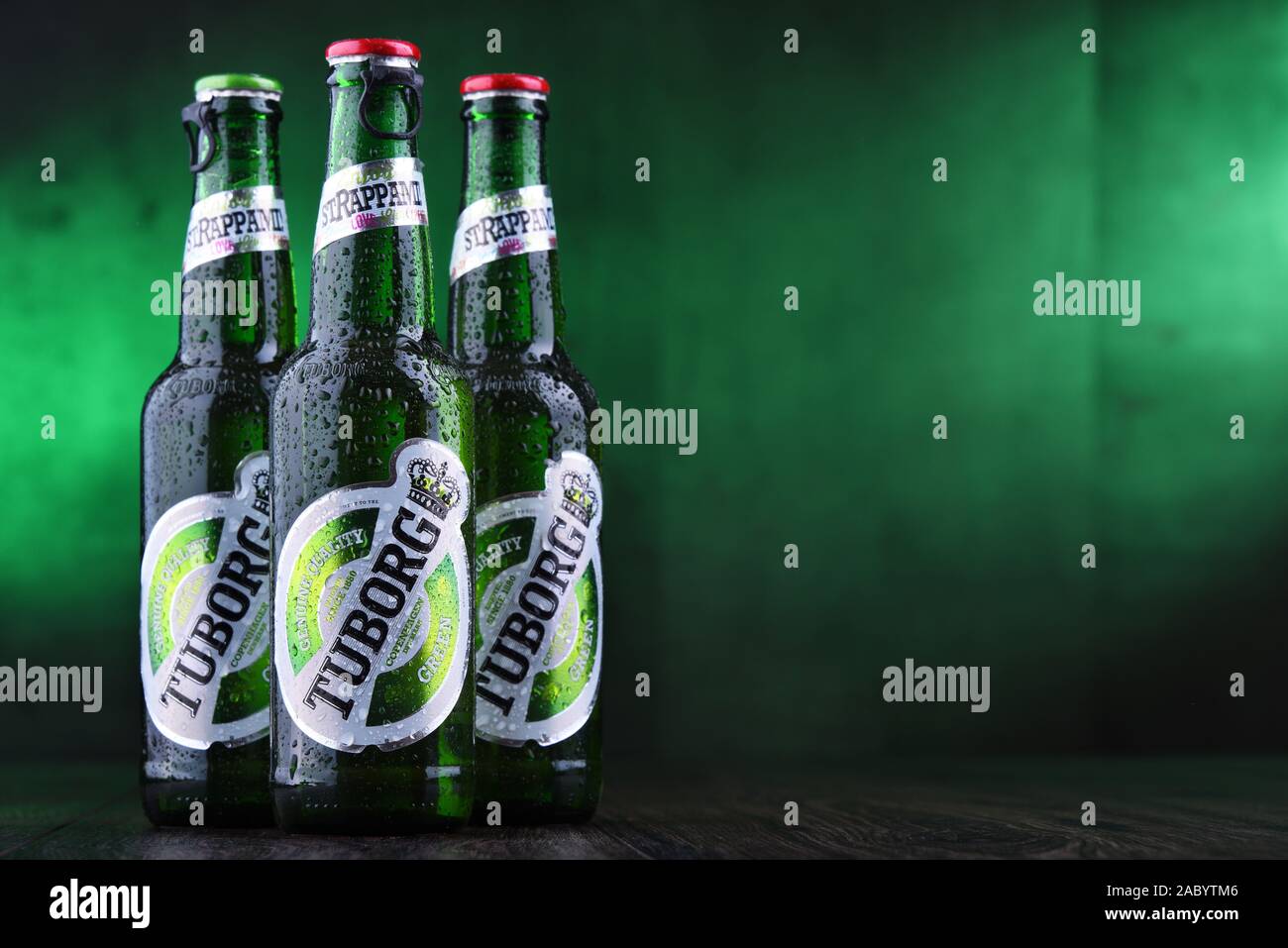 POZNAN, POL - MAR 28, 2019: Bottles of Tuborg beer, produced by a ...