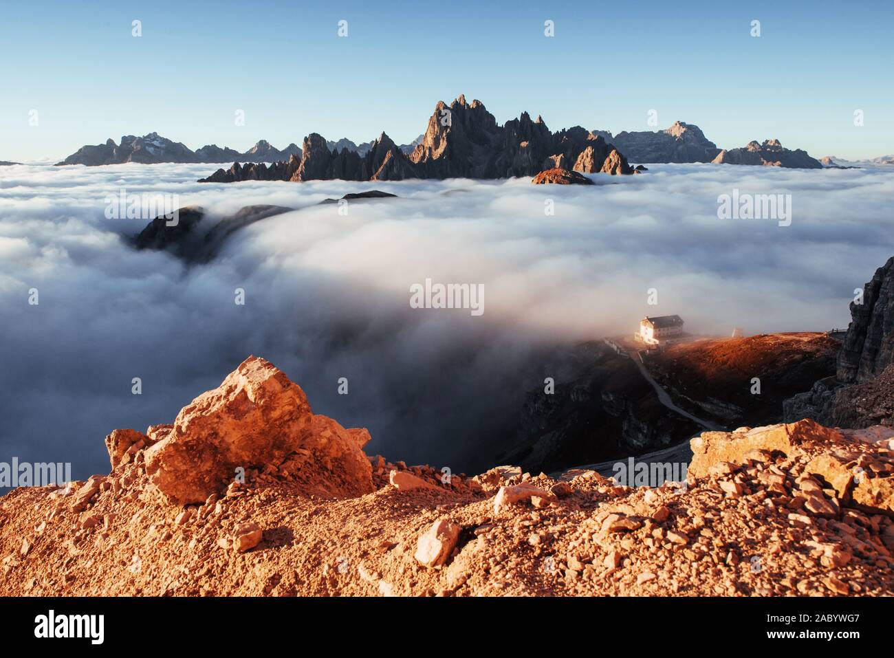 Fog is falling into the valley. Photo from the edge of the hill and ...