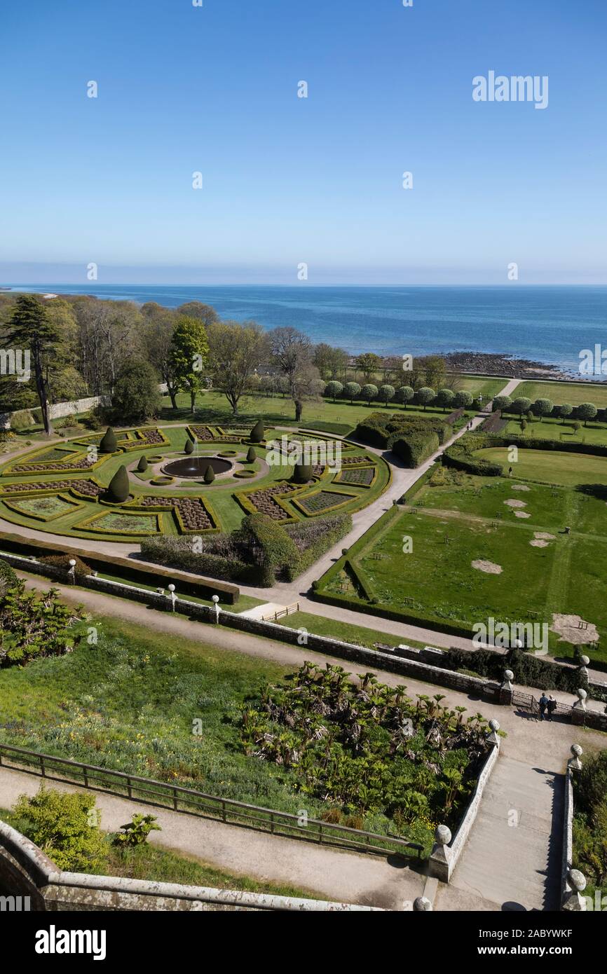 View from above of the formal gardens below Dunrobin Castle. These are ...