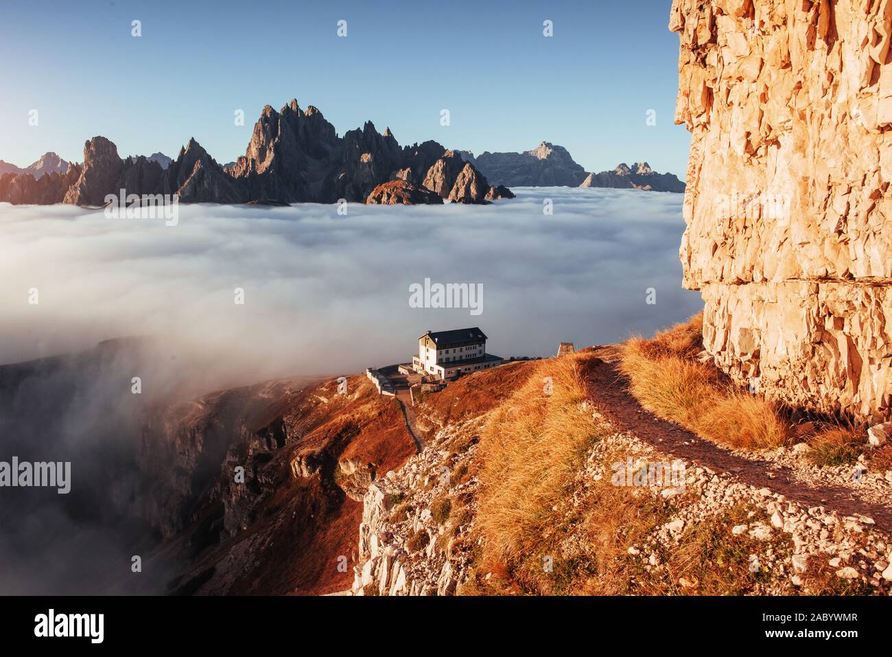 Beautiful daylight. Hiking trail is filled with small pebbles with ...