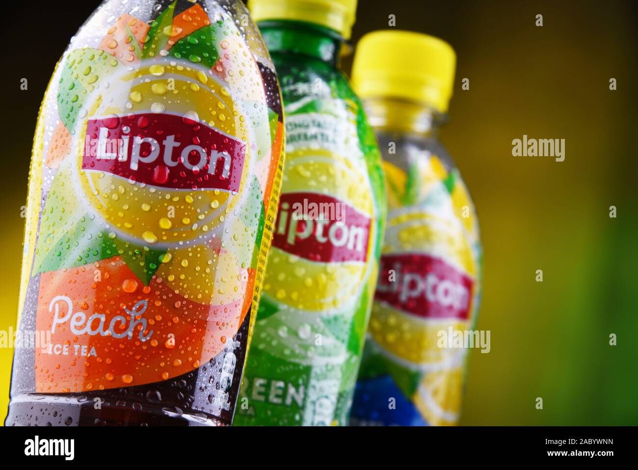 POZNAN, POL - JUN 5, 2019: Plastic bottles of Lipton Ice Tea, a soft ...