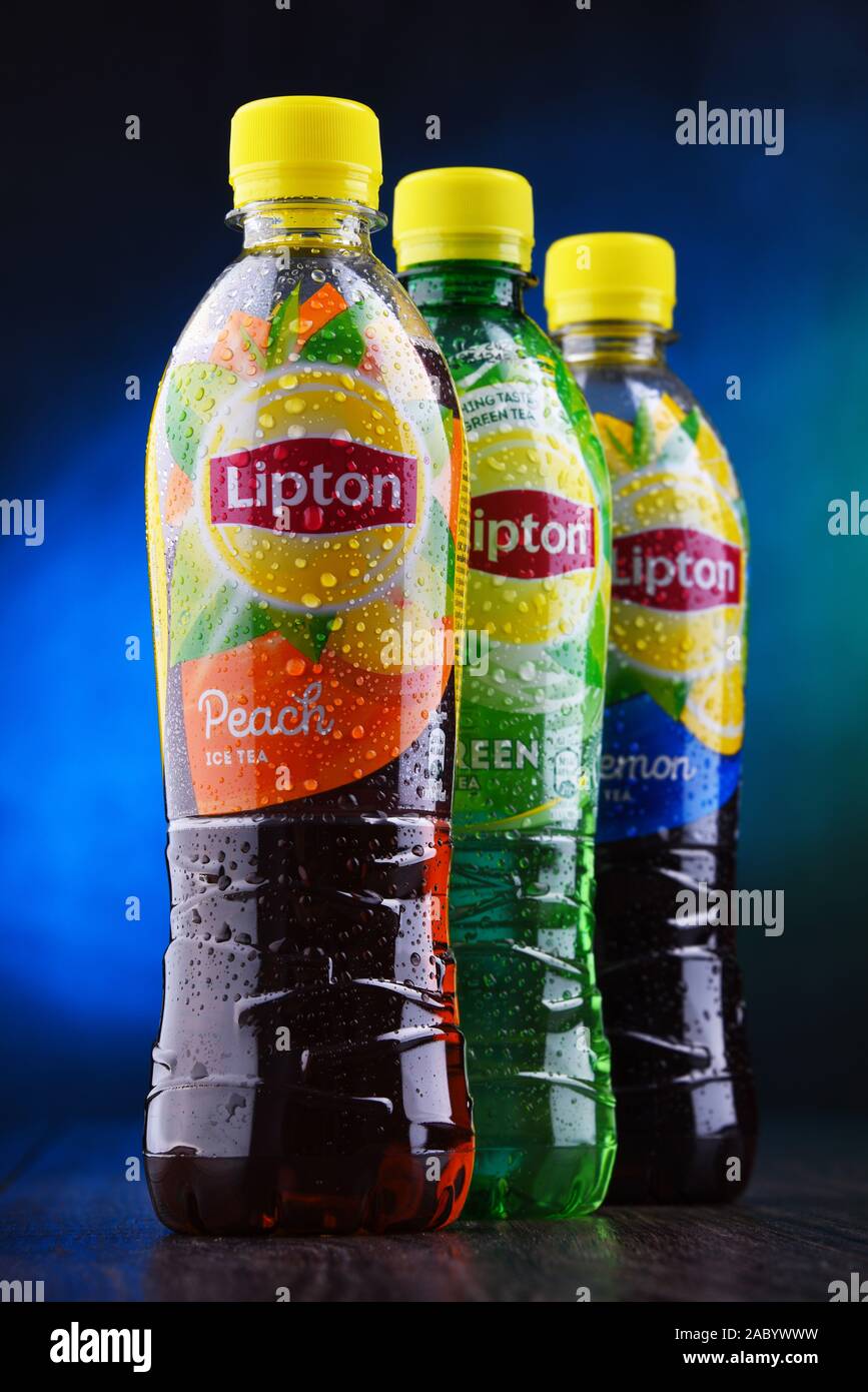 POZNAN, POL - JUN 5, 2019: Plastic bottles of Lipton Ice Tea, a soft ...