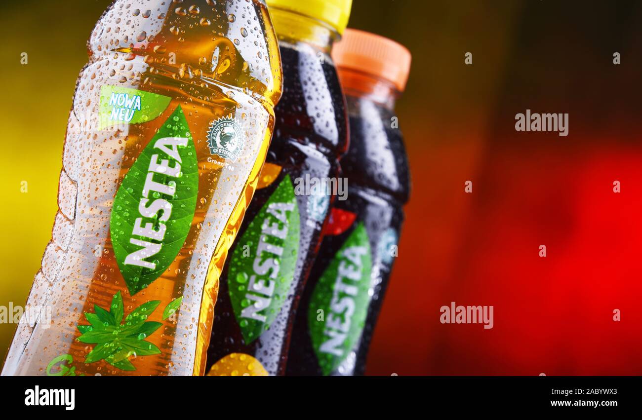 POZNAN, POL - JUN 5, 2019: Plastic bottles of Nestea, a brand of iced ...