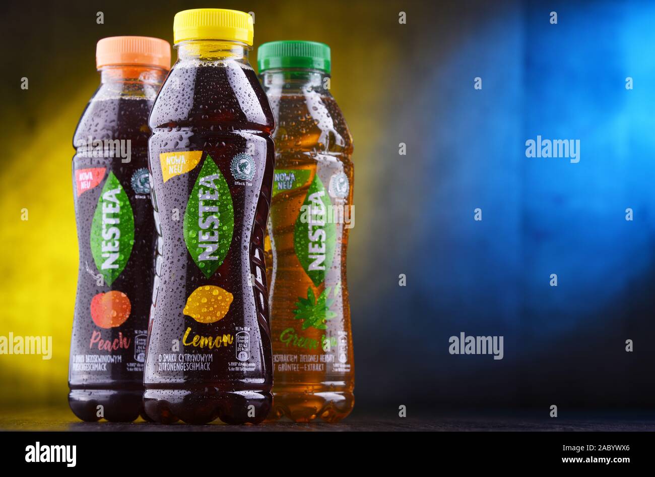 POZNAN, POL - JUN 5, 2019: Plastic bottles of Nestea, a brand of iced ...